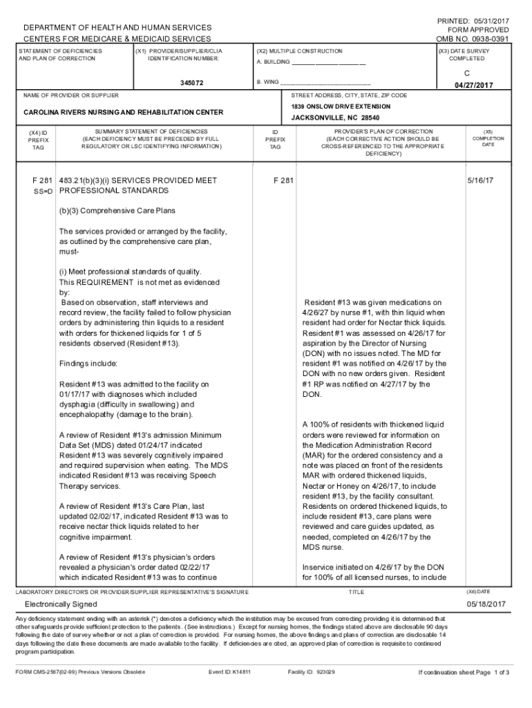 Fillable Online NC DHSR NHLSC: Statement of Deficiency - info.ncdhhs ...