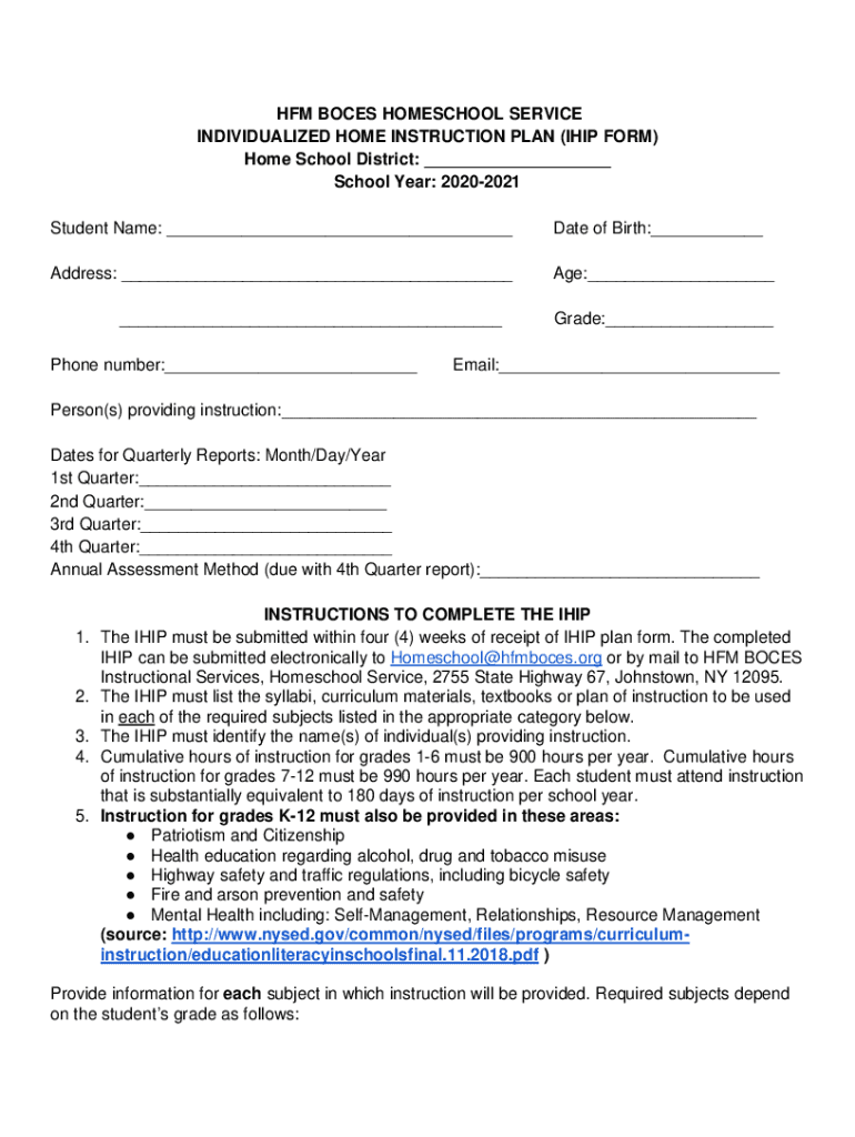 Fillable Online Fillable Online Individualized Home Instruction Plan ...