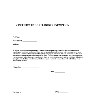 Fillable Online CERTIFICATE OF RELIGIOUS EXEMPTION Fax Email Print ...