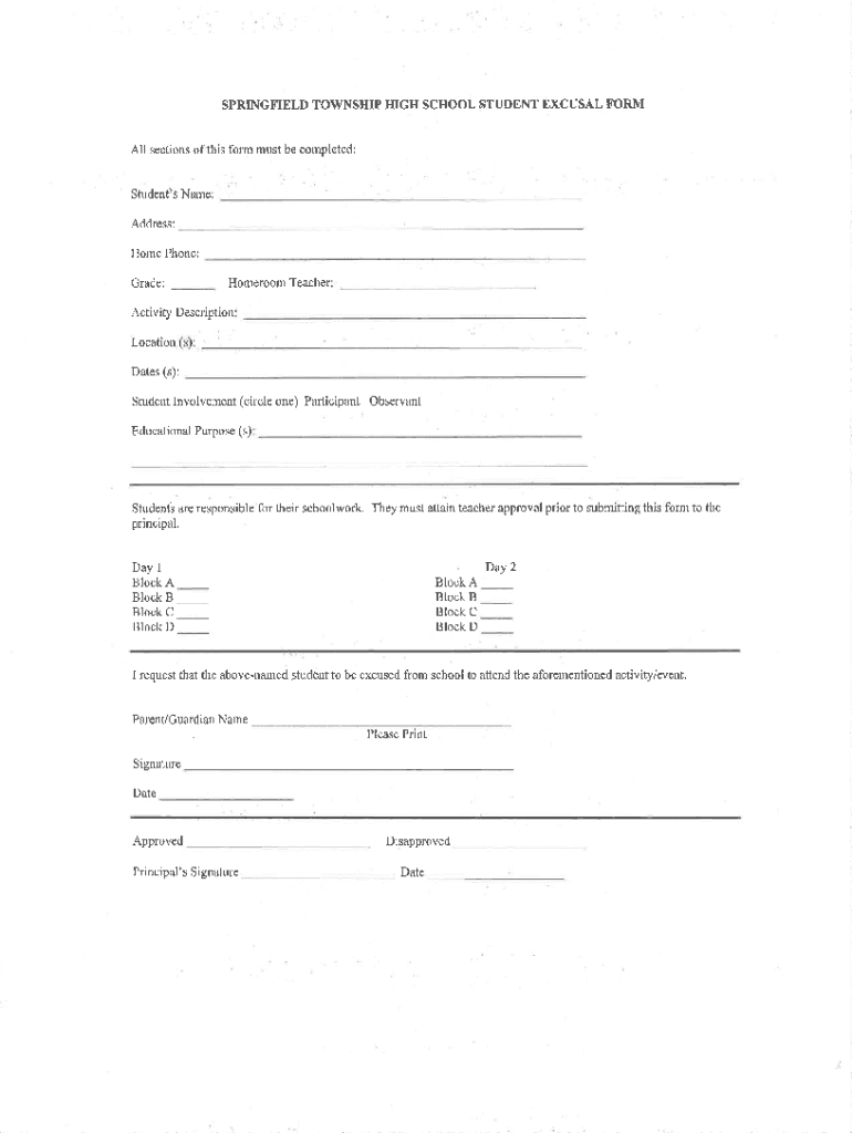 Fillable Online STHS Student Excusal Form Fax Email Print - pdfFiller