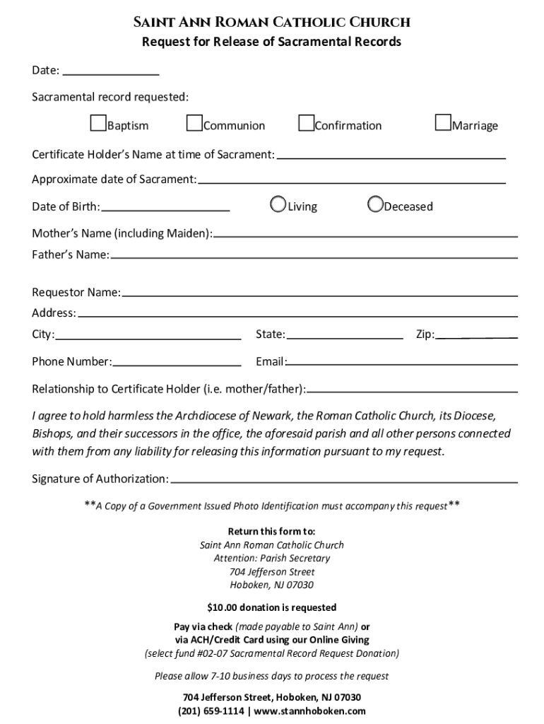 Fillable Online Sacramental Record Request - Saint Ann Roman Catholic ...