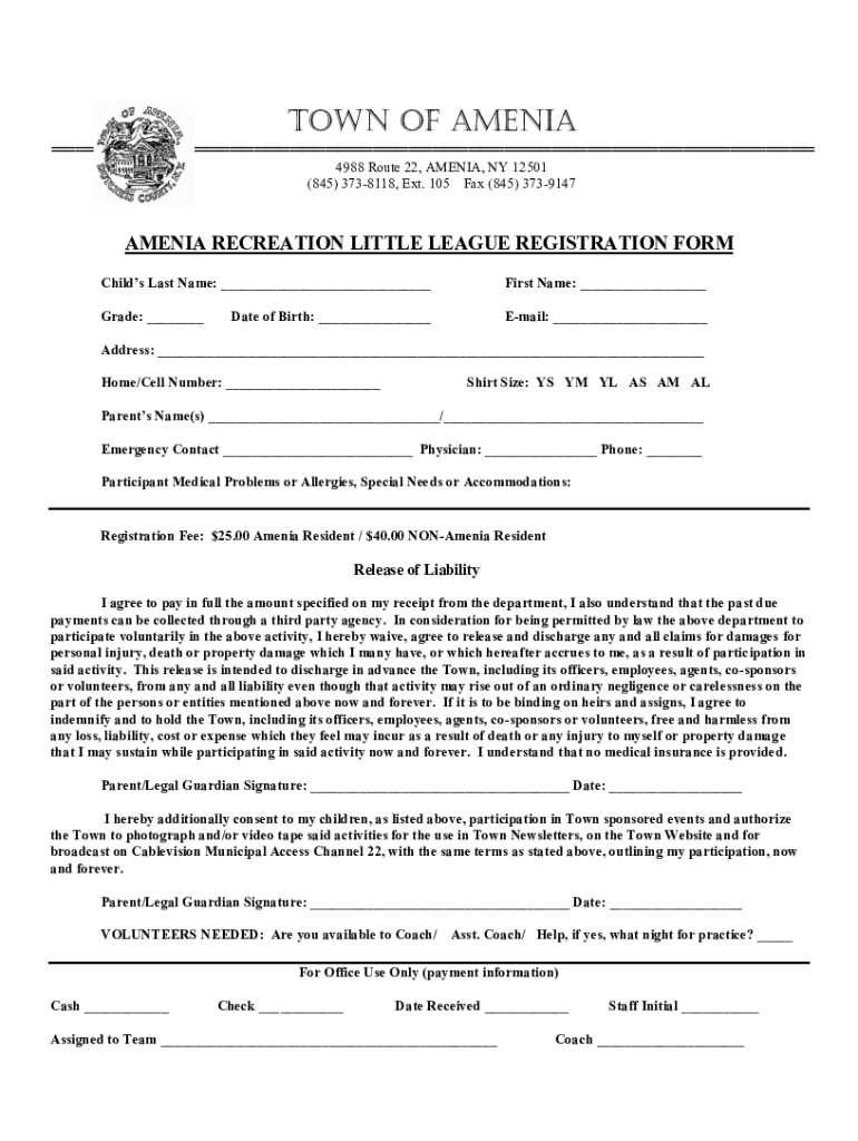 Fillable Online AMENIA RECREATION LITTLE LEAGUE REGISTRATION FORM ...