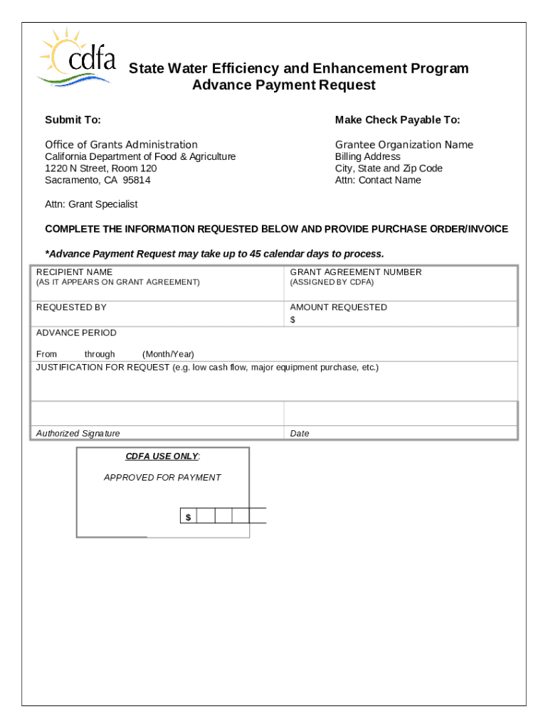 ADVANCE PAYMENT REQUEST TEMPLATE - California Doc Template | pdfFiller
