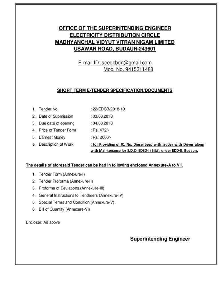 Fillable Online OFFICE OF THE SUPERINTENDING ENGINEER ELECTRICITY ...