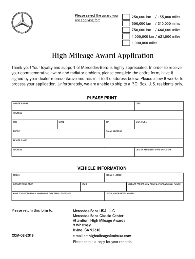 Fillable Online High Mileage Award Application - Mercedes-Benz USA Fax ...