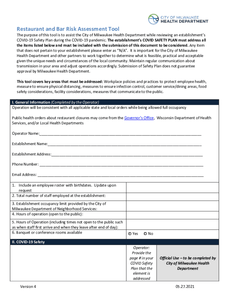 Fillable Online city milwaukee Restaurant and Bar Risk Assessment Tool ...
