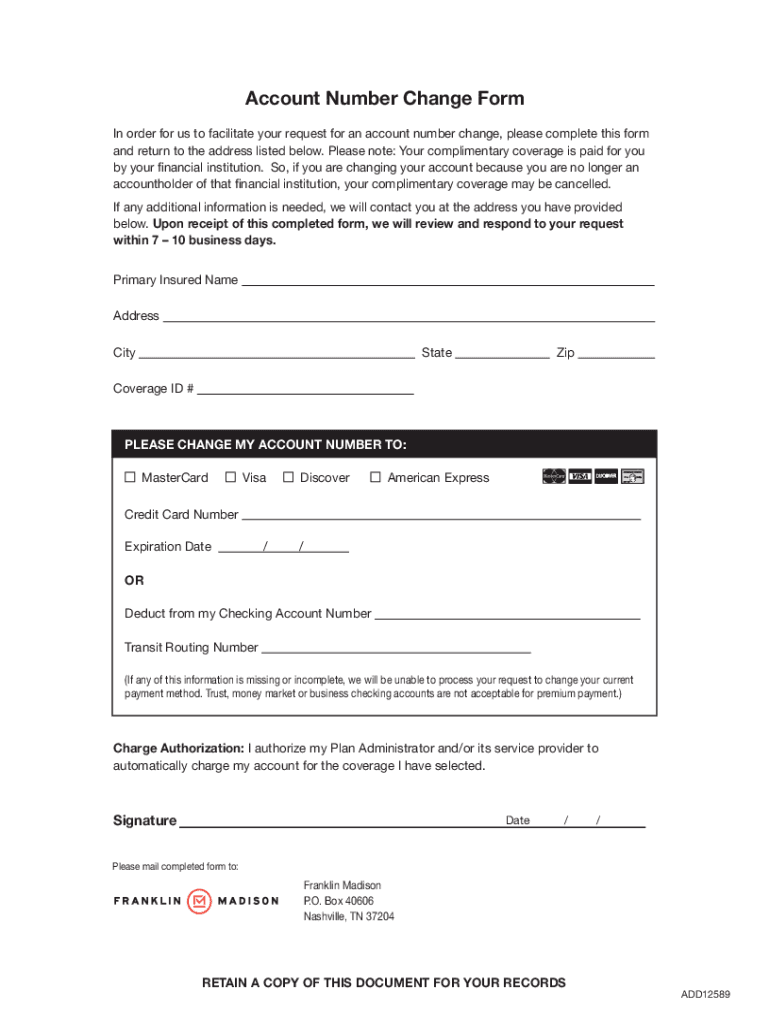 Fillable Online Account Number Change Form - Franklin Madison Fax Email ...
