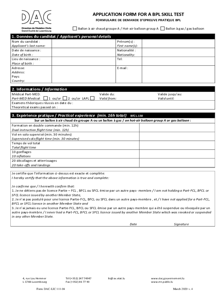 Fillable Online Formulaire de demande dpreuve pratique BPL - Form 111 ...