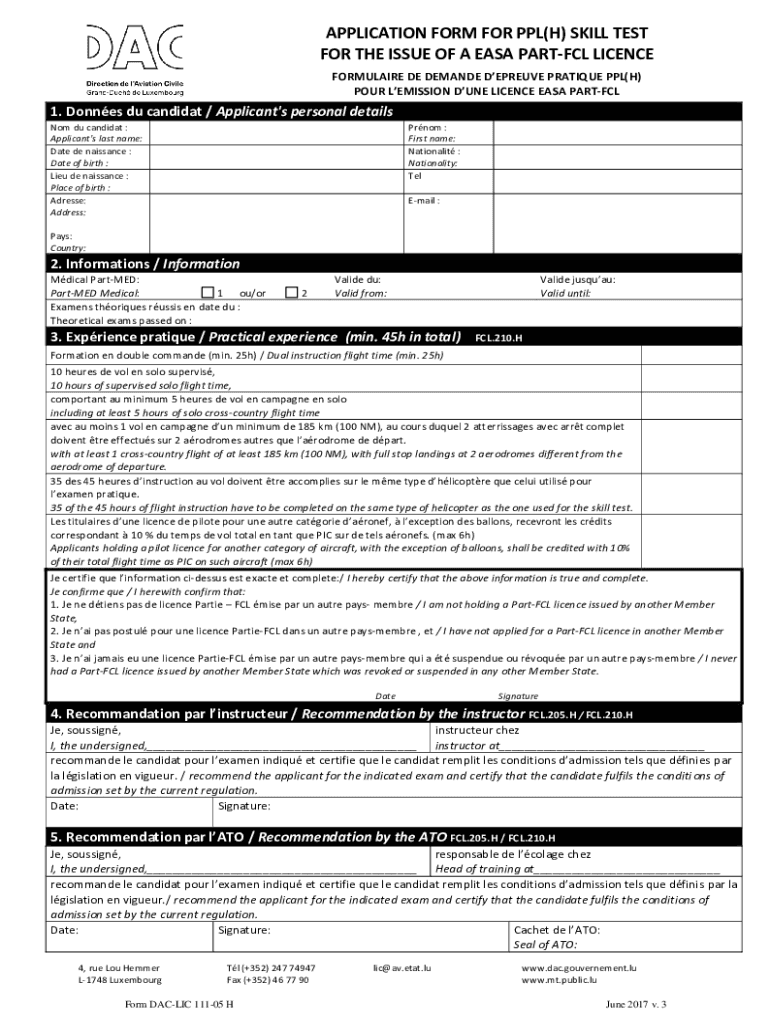 Fillable Online Application form for PPL(H) skill test for the issue of ...