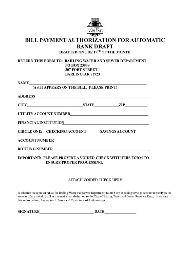Fillable Online BILL PAYMENT AUTHORIZATION FOR AUTOMATIC BANK DRAFT Fax Email Print - pdfFiller
