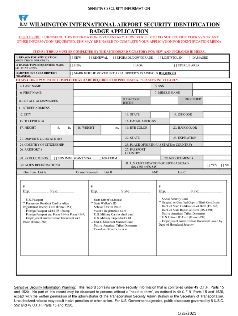 Fillable Online AIRPORT IDENTIFICATION BADGE APPLICATION SectionSection ...
