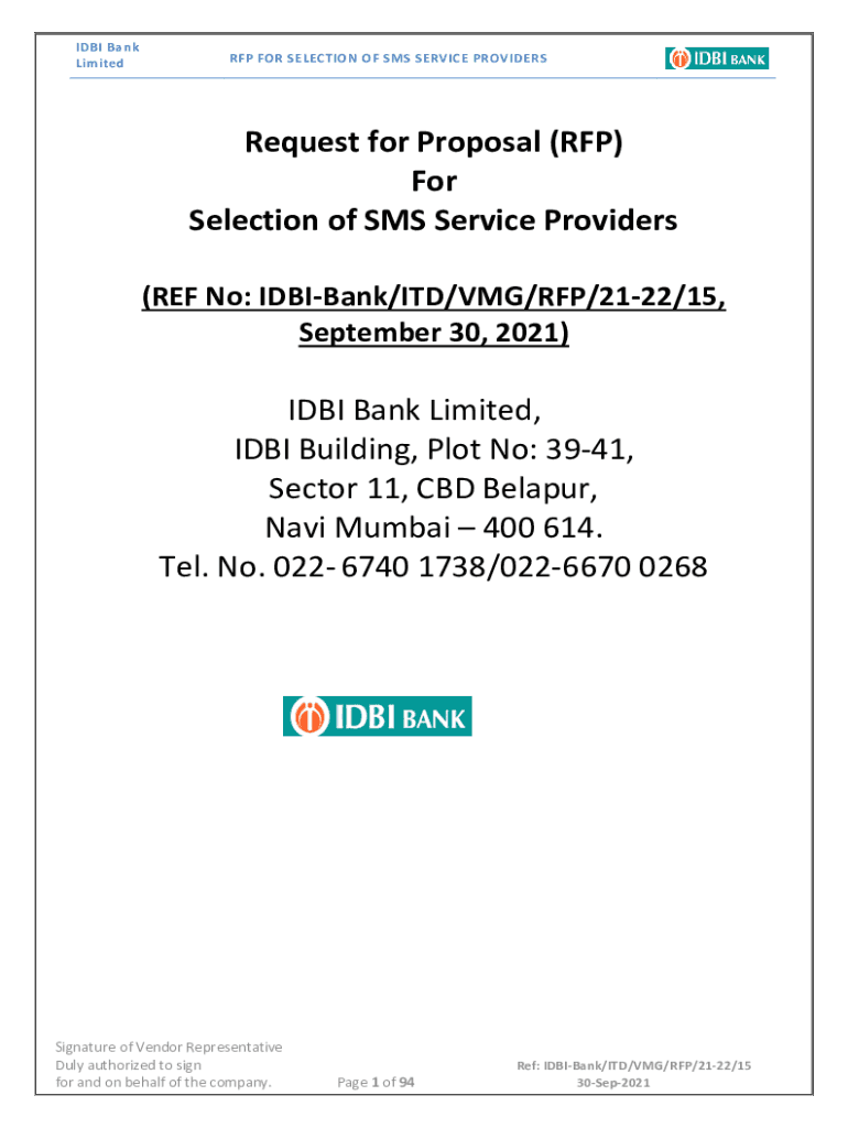 Fillable Online Request for Proposal (RFP) For Selection of SMS Service ...