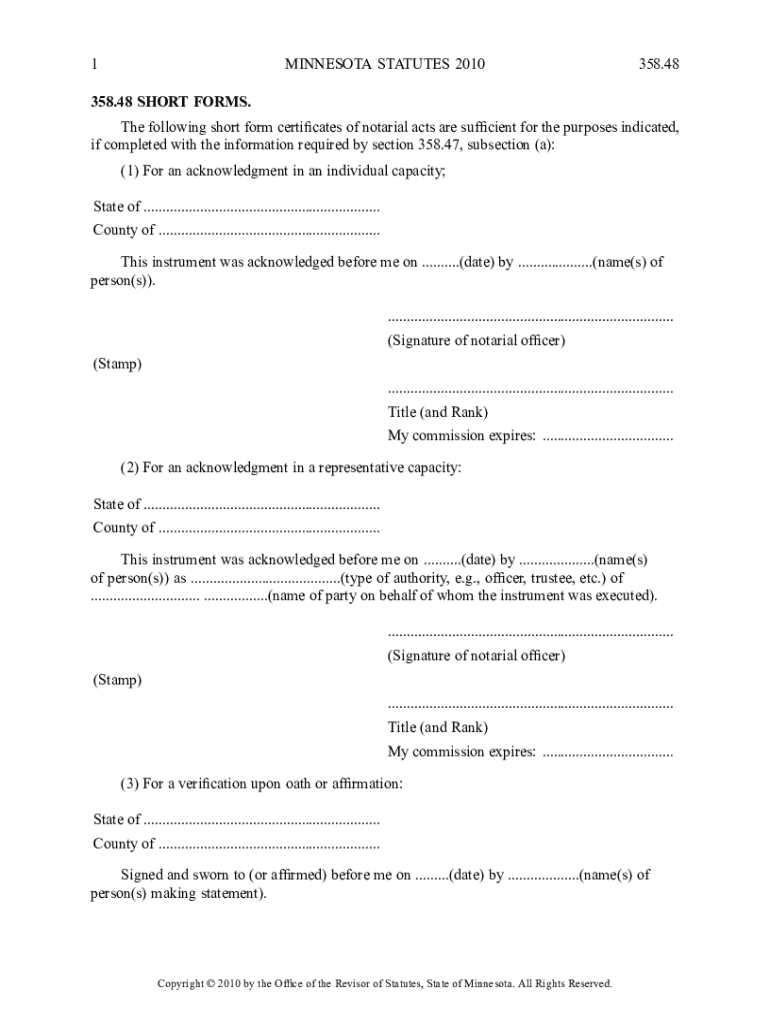 Fillable Online chapter 358 seals, oaths, acknowledgments - MN Revisor ...