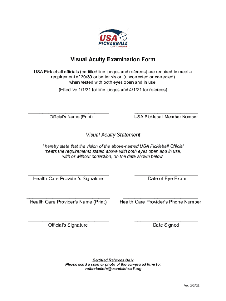 Fillable Online Visual Acuity Form - USA Pickleball Fax Email Print ...
