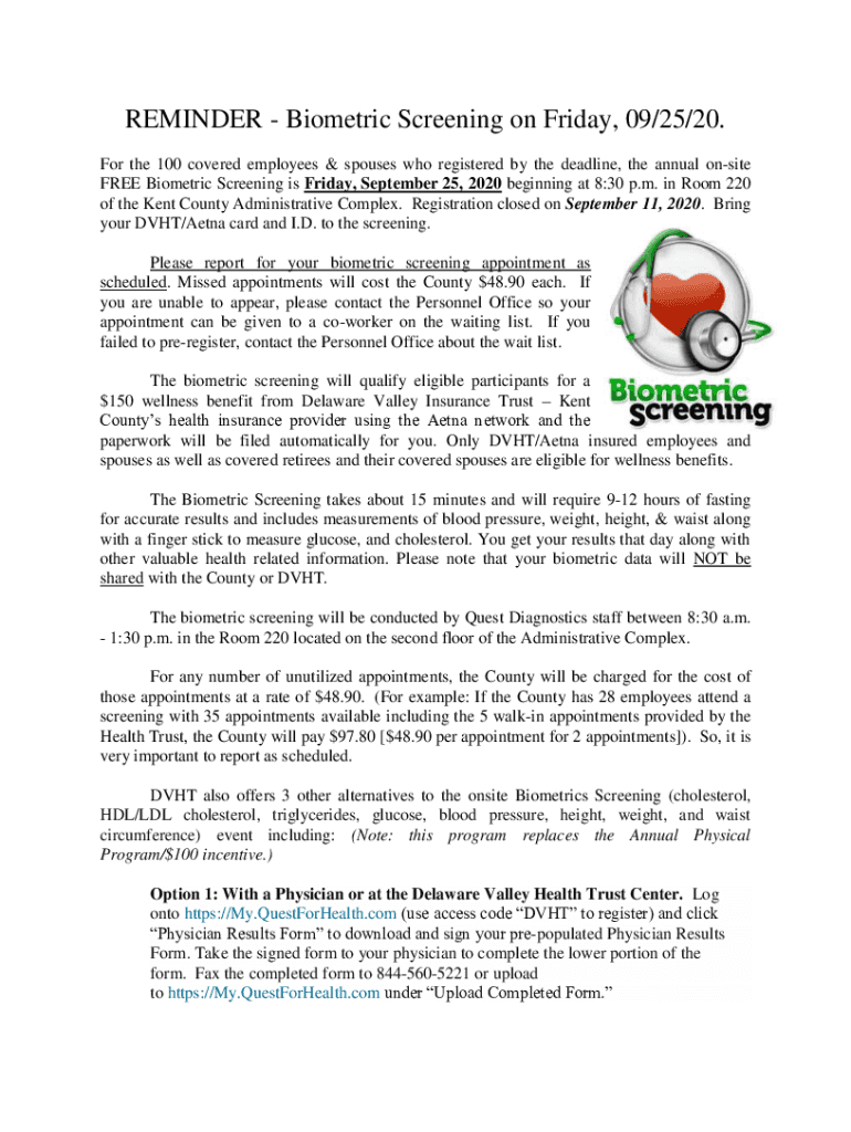 Fillable Online co kent de REMINDER - Biometric Screening on Friday, 09 ...