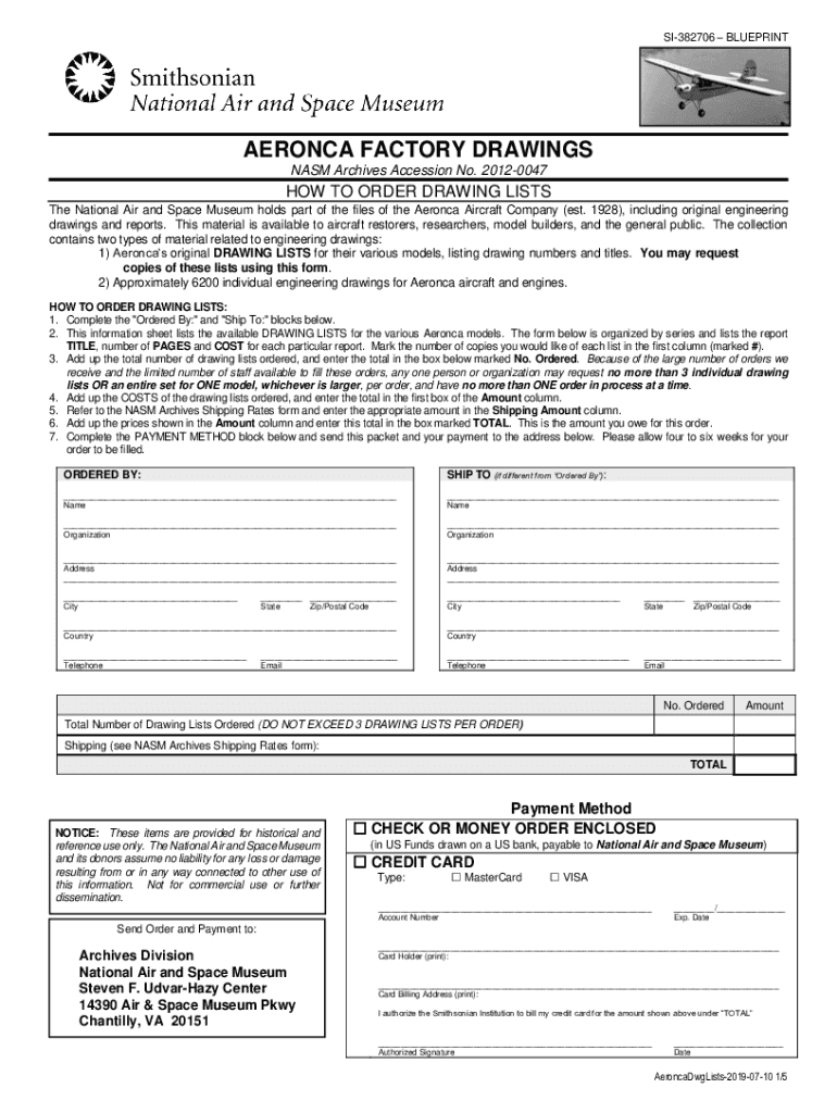 Fillable Online airandspace si Aeronca Drawings Order Form Fax Email ...