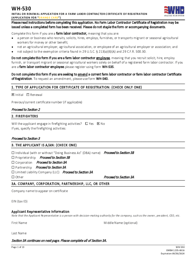 Fillable Online WH530 FLC APPLICATION FOR CERTIFICATE OF REGISTRATION. FARM LABOR CONTRACTOR ...