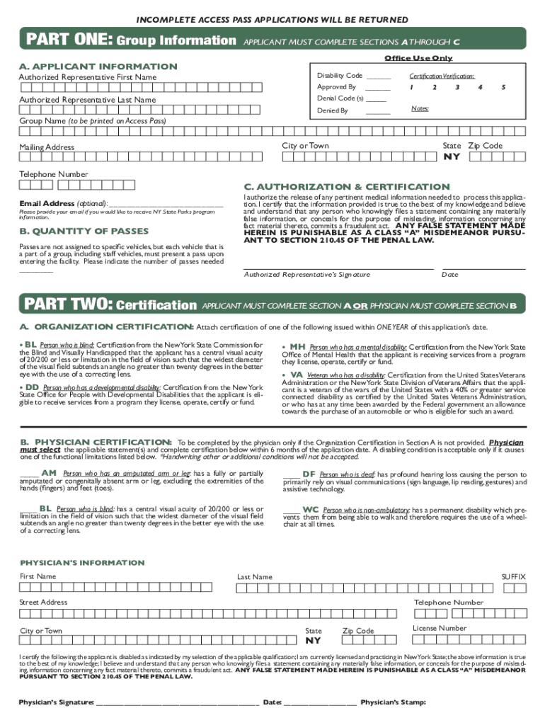 Fillable Online parks ny Group Access Pass Application - New York State ...