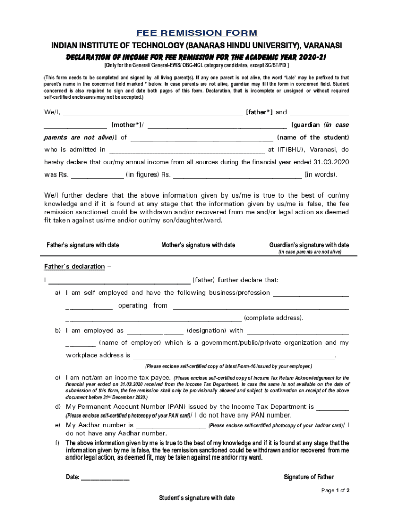 Fillable Online Fee Remission Form - Indian Institute of Technology ...