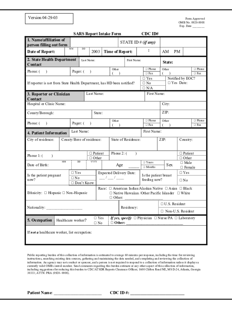 Fillable Online SARS report intake form 4.29.03 12.final.PM.doc Fax ...