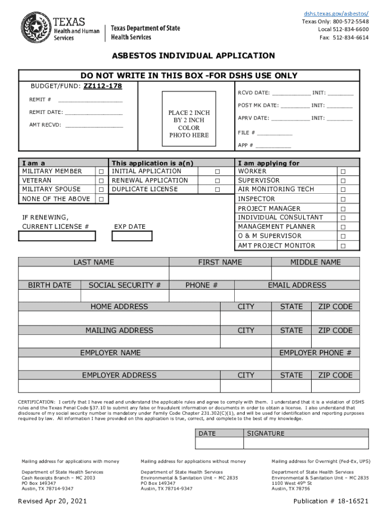 Fillable Online Asbestos Program - Texas Department of State Health ...