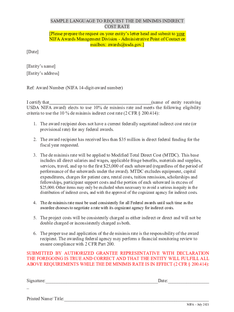 Fillable Online nifa usda SAMPLE LANGUAGE TO REQUEST THE DE MINIMIS ...