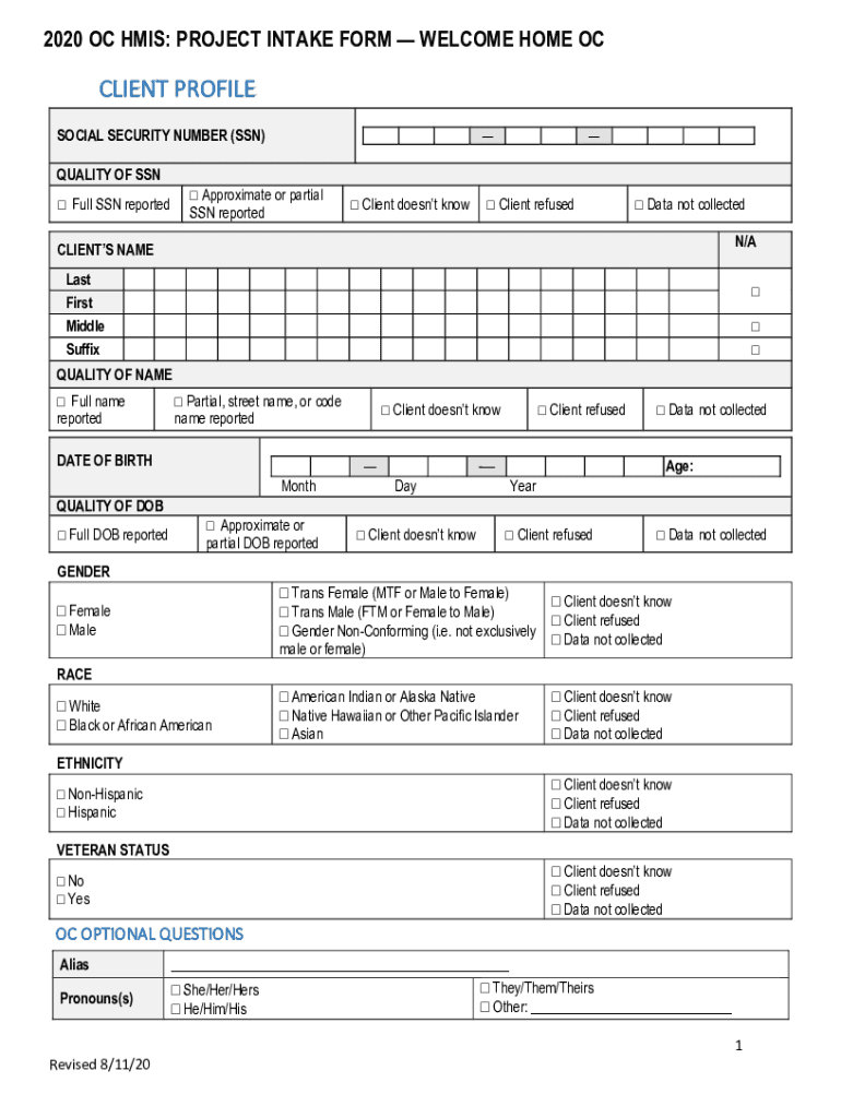 Fillable Online Fillable Online OC HMIS: PROJECT INTAKE FORM PATH Fax ...