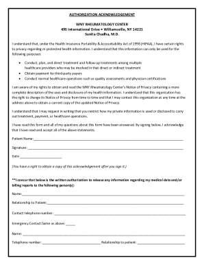 Fillable Online AUTHORIZATION ACKNOWLEDGEMENT WNY RHEUMATOLOGY CENTER 495 ... Fax Email Print ...