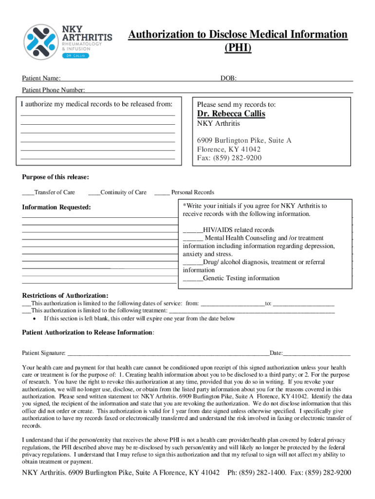 Fillable Online Authorization to Disclose Medical Information (PHI) Fax ...