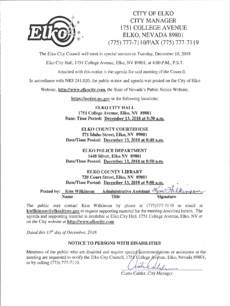 Fillable Online Fillable Online CITY MANAGER 1751 COLLEGE A VENUE ELKO ...