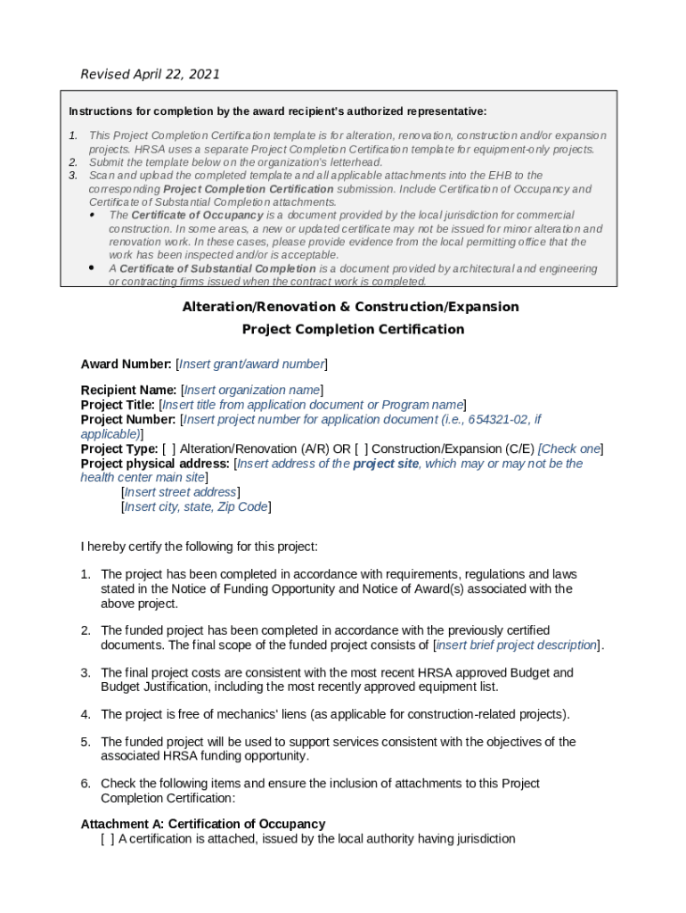 Alteration/Renovation & Construction/Expansion Project Completion ...