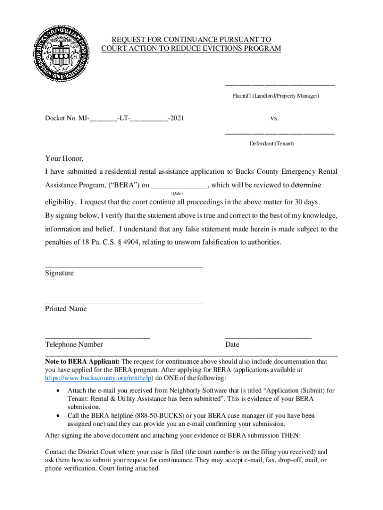 Fillable Online REQUEST FOR CONTINUANCE PURSUANT TO COURT ACTION ...