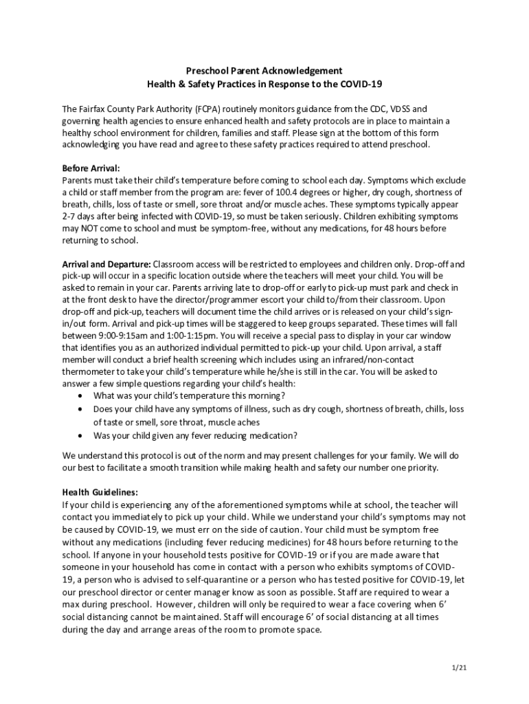 Fillable Online Preschool Parent Acknowledgement. Preschool Parent ...