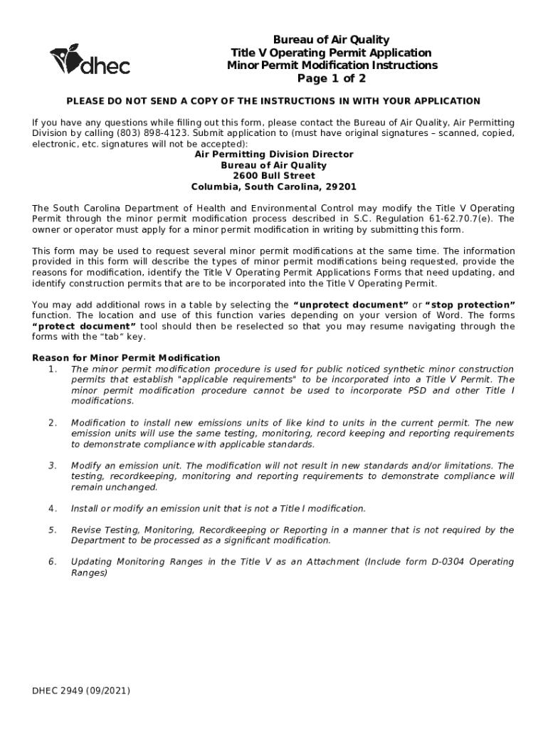 TV D-2949 Minor Permit Modification. Title V Operating Permit Application Doc Template | pdfFiller