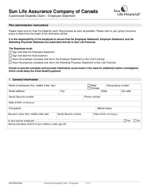Fillable Online Claim for Disability Insurance ... - Sun Life Financial ...