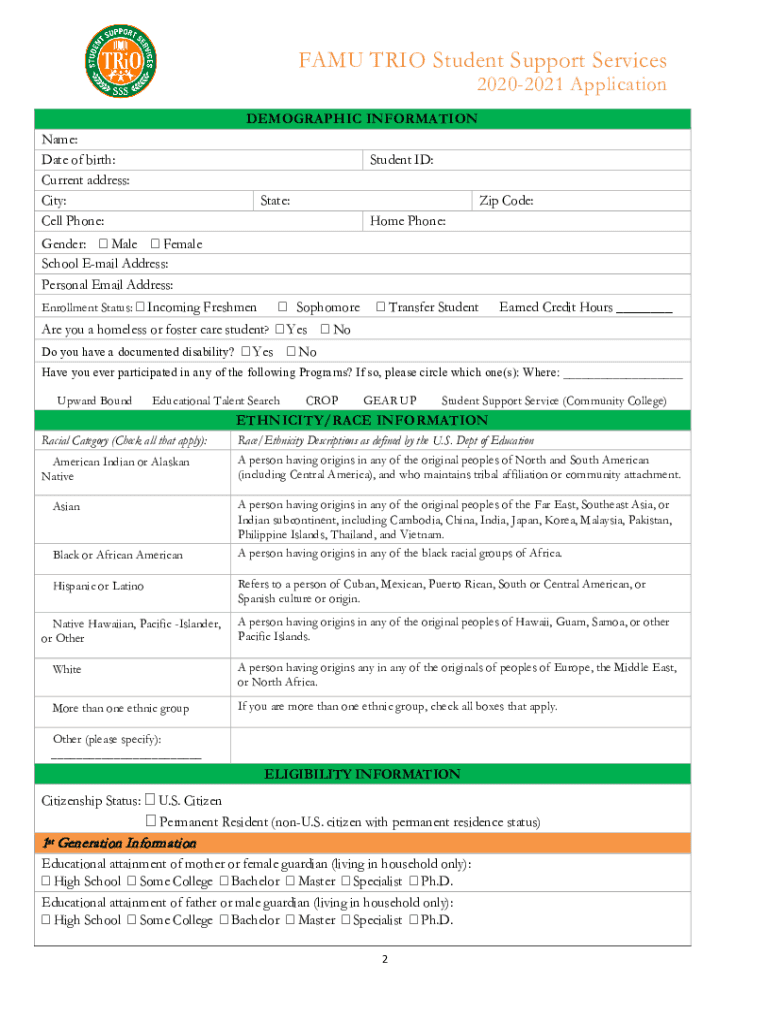 Fillable Online support famu TRiO Student Support ServicesTRiO Student ...