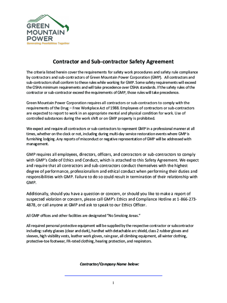 Fillable Online Safety Requirements for Contractors and Subcontractors ...