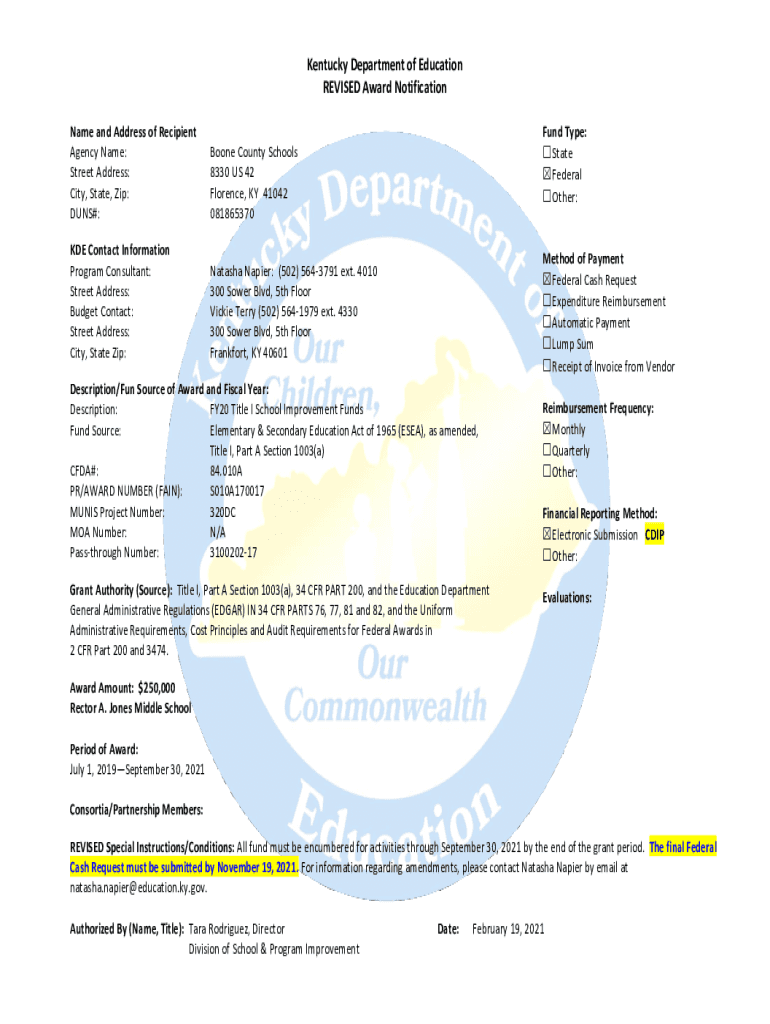 Fillable Online education ky Kentucky Department of Education REVISED Award Notification Fax ...
