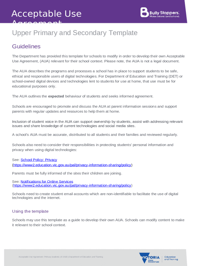 Acceptable Use Agreement- Upper Primary and Secondary School Template ...