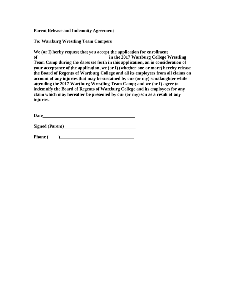 Parent Release and Indemnity Agreement Doc Template | pdfFiller