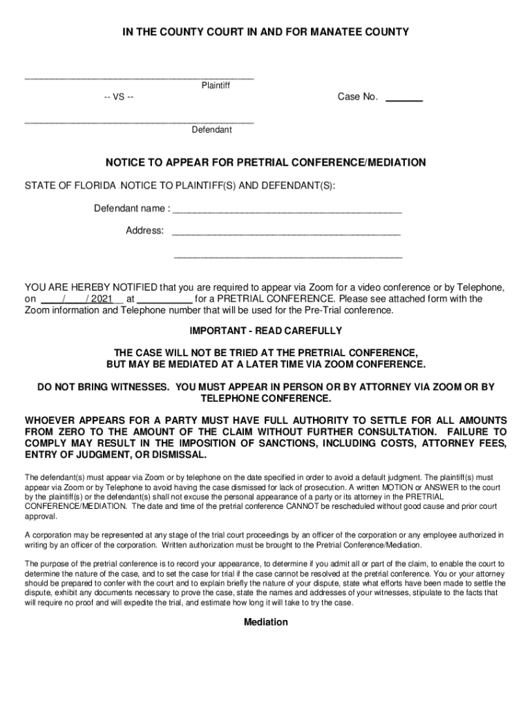 Fillable Online Fillable Online IN THE COUNTY COURT IN AND FOR MANATEE ...