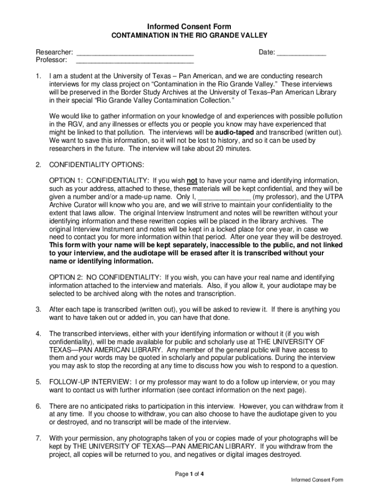 Fillable Online www.utrgv.edubsafilesSample Oral History Consent Form ...