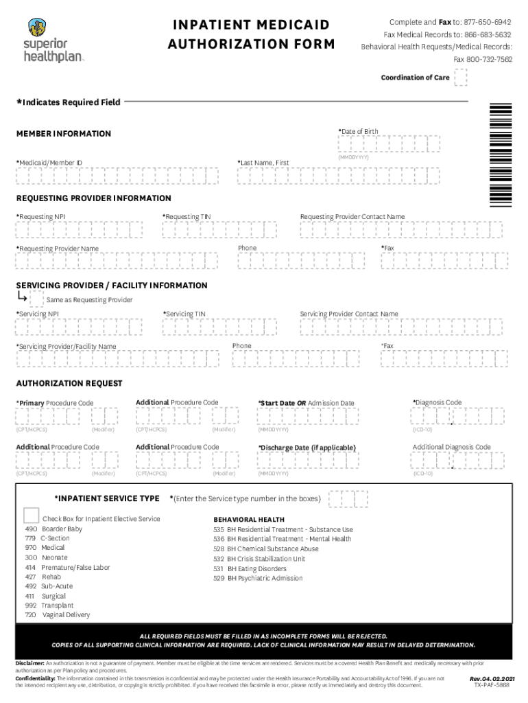 Fillable Online TX-PAF-5868 - Inpatient Medicaid Authorization Form ...