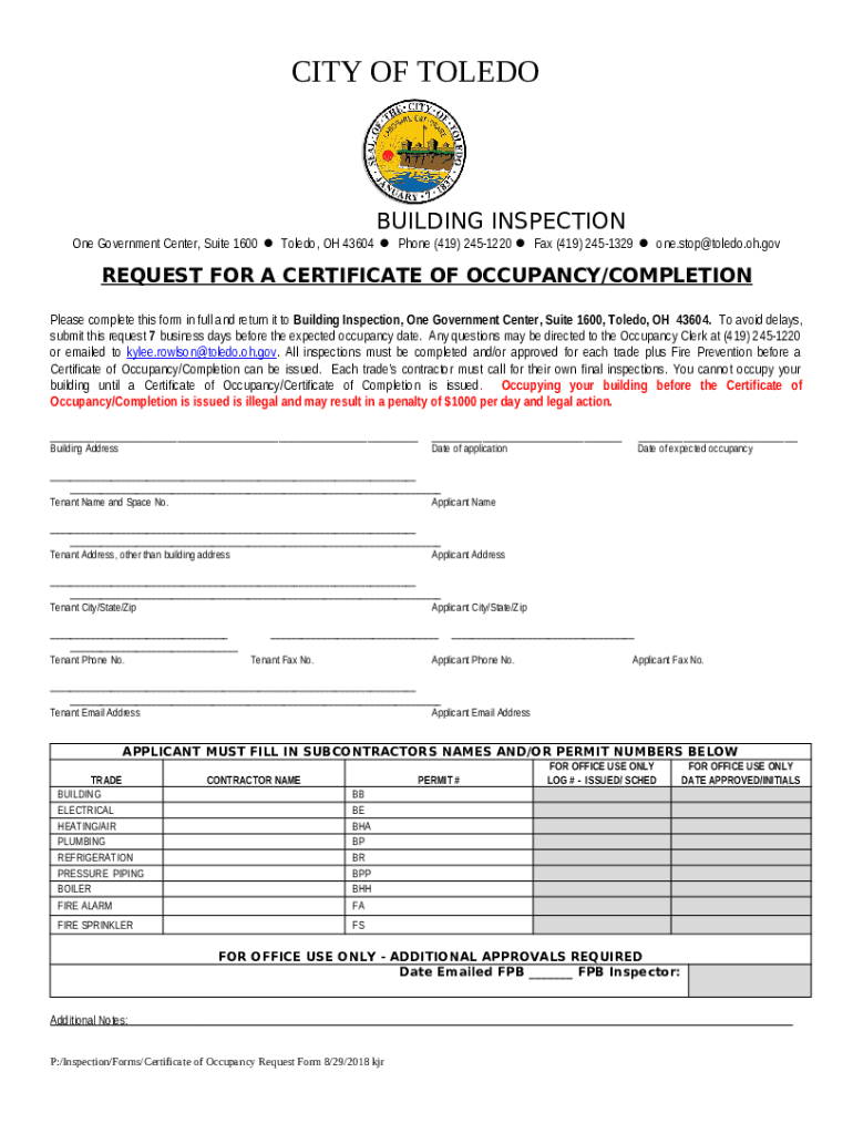 REQUEST FOR CERTIFICATE OF OCCUPANCY AND COMPLIANCE Doc Template | pdfFiller