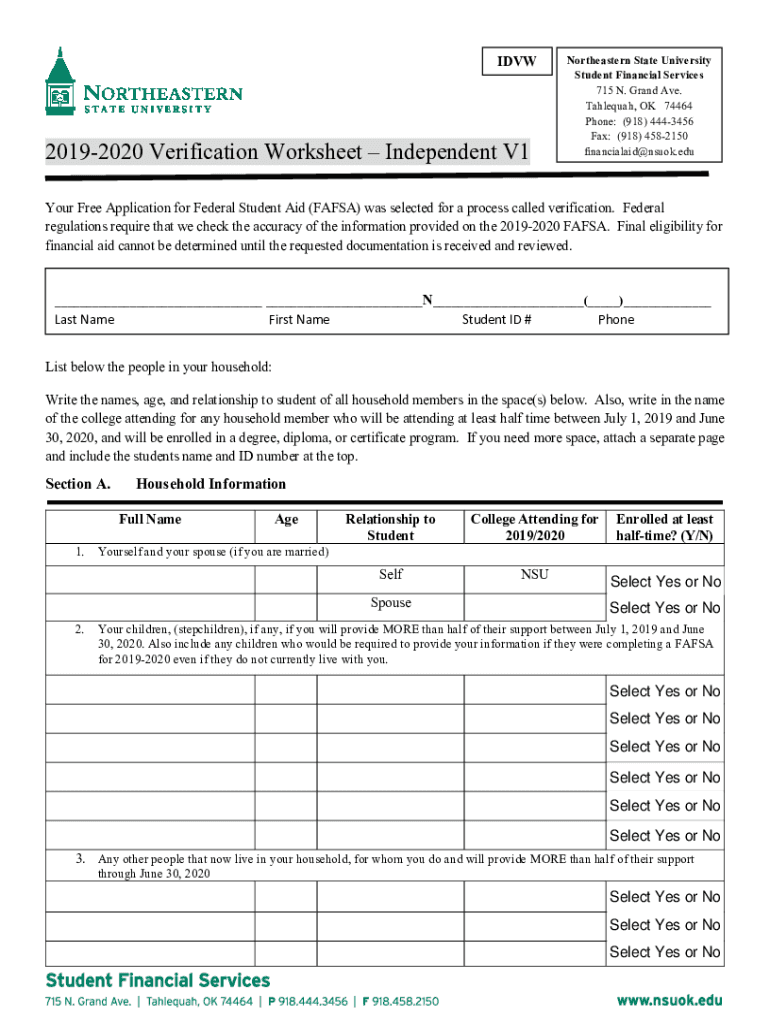 Fillable Online coe nsuok 1-2022 Verification Worksheet Dependent V1 financialaid ... Fax Email ...