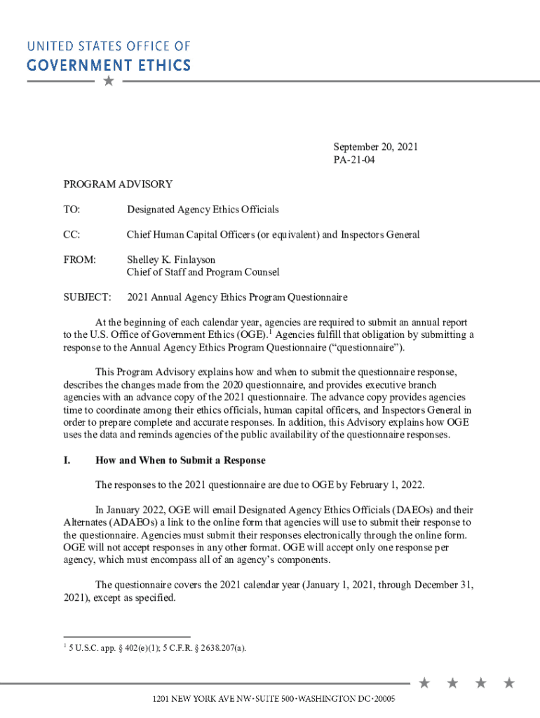 Fillable Online PA-21-04. 2021 Annual Agency Ethics Program ...