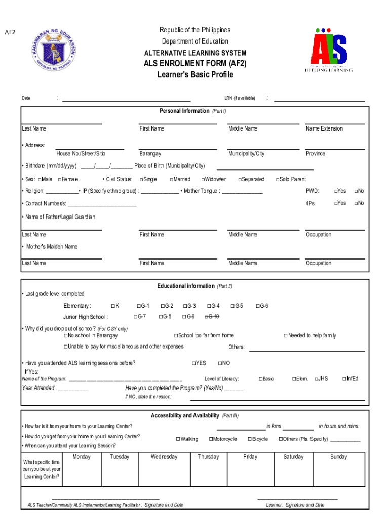 Fillable Online ALTERNATIVE LEARNING SYSTEM ALS ENROLMENT FORM (AF2 ... Fax Email Print - pdfFiller