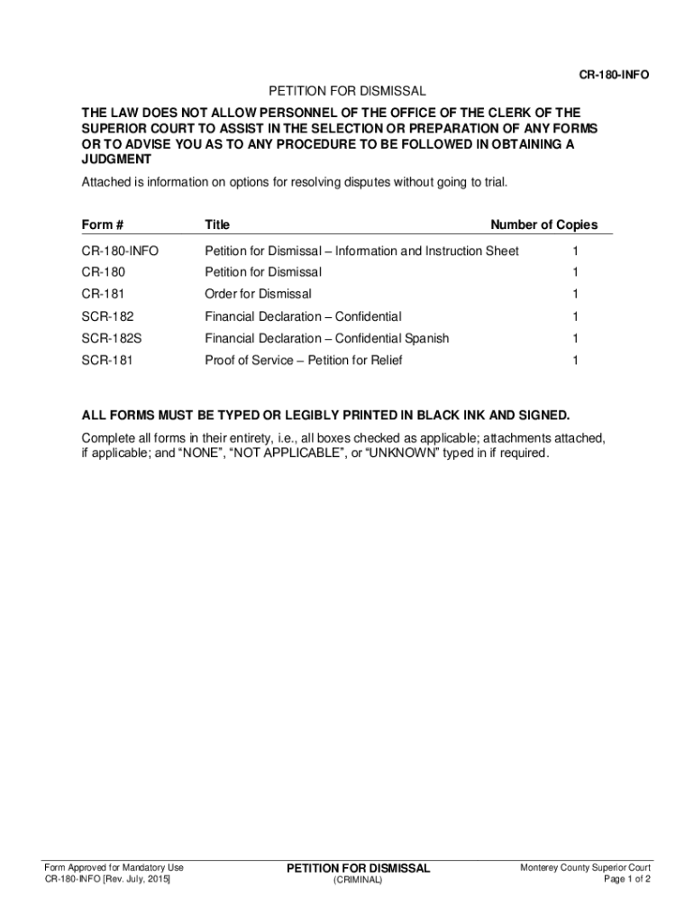 Fillable Online Petition For Dismissal CR-180 And Proof Of Service Form ...