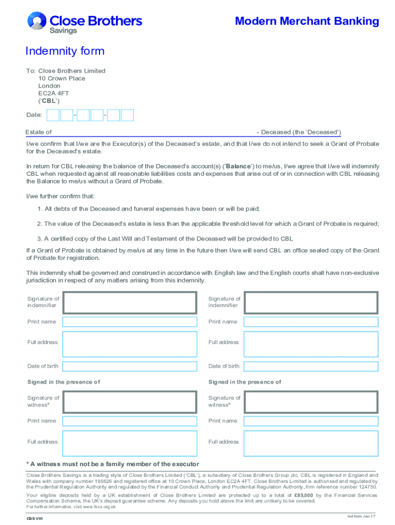 Fillable Online Fillable Online Indemnity form - Close Brothers Savings ...