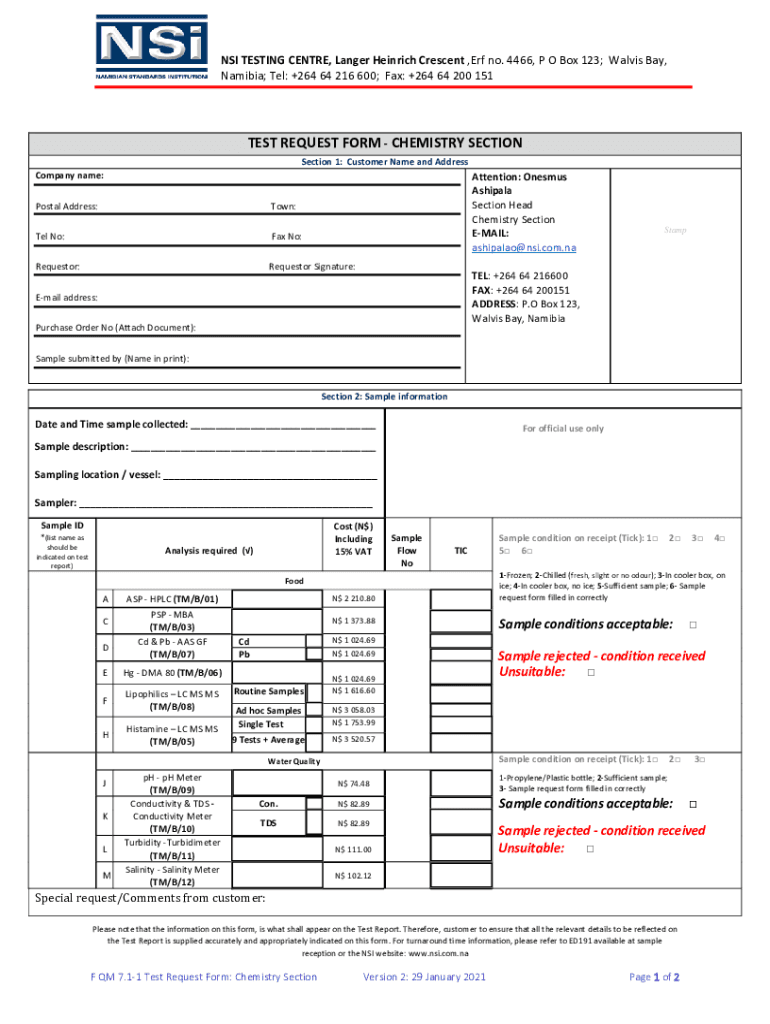Fillable Online TEST REQUEST FORM CHEMISTRY SECTION - NSI Fax Email ...